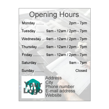 Opening Hours template - printable poster - Greetings-Discount